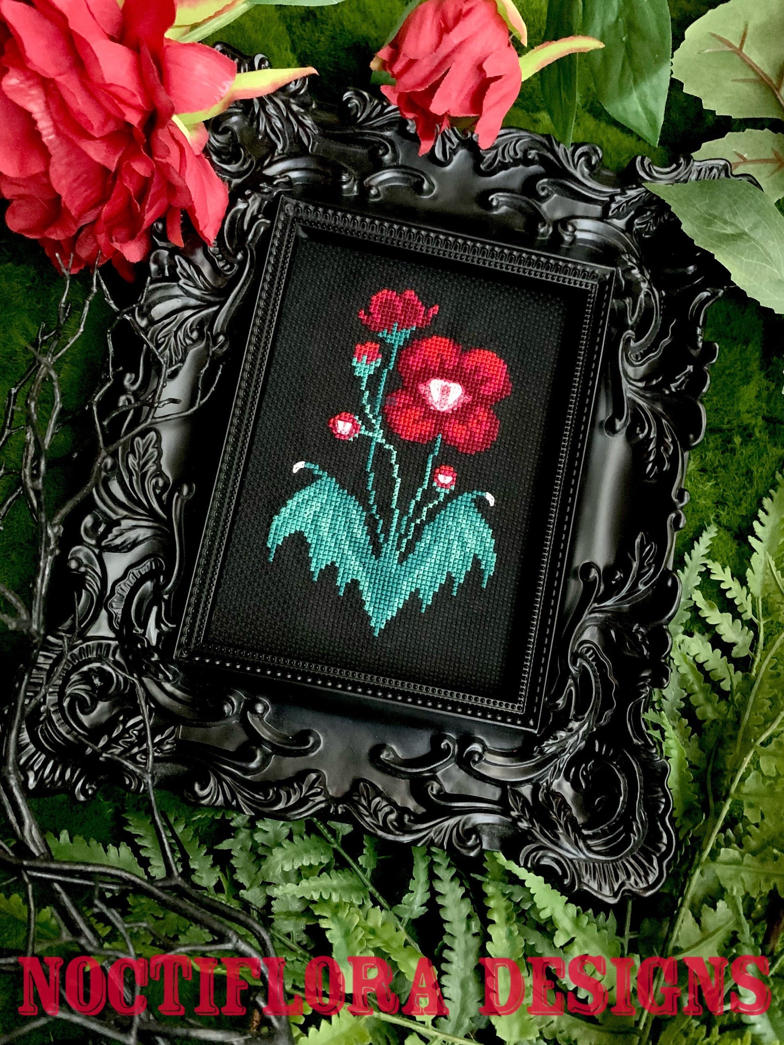 Fanged Flower Cross Stitch Pattern PDF, Vampire Bat Floral Embroidery ...