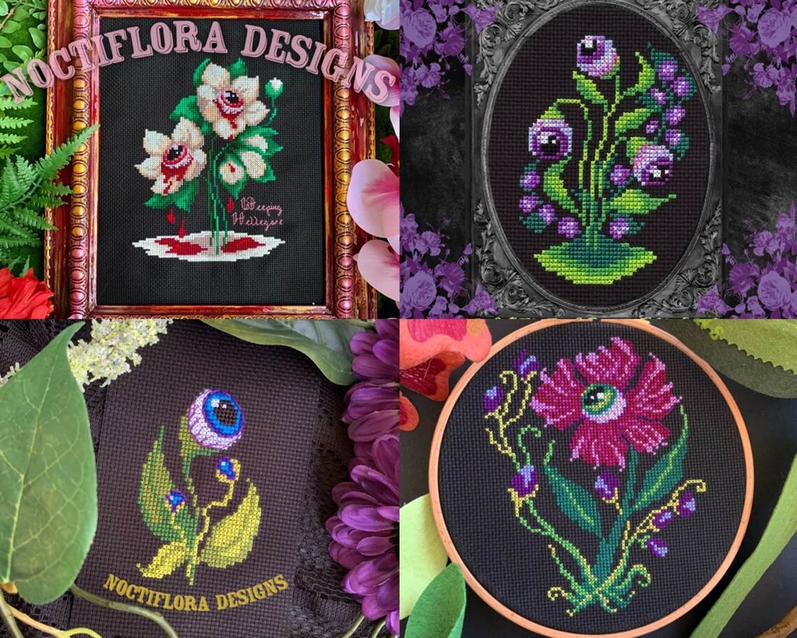 Creepy Floral Cross Stitch Pattern Pdf Bundle, Gothic Embroidery Design ...