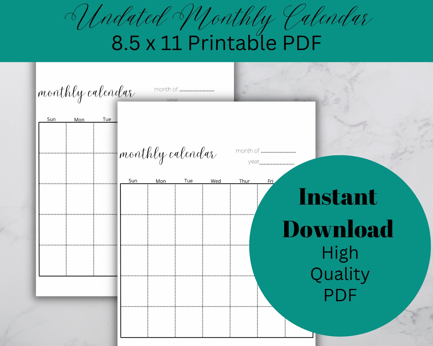 Monthly Blank Calendar Simple Calendar | Minimalist Monthly Planner ...