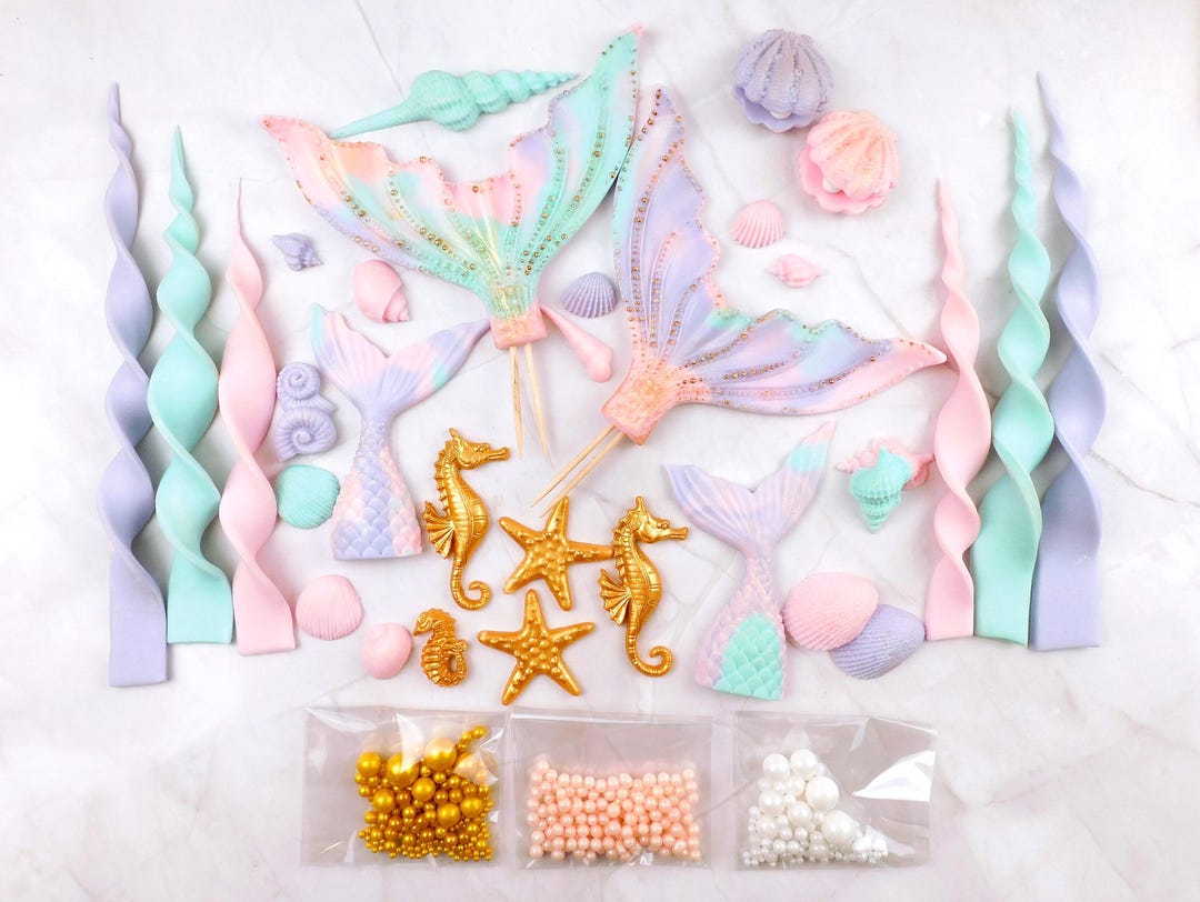 38 Piece Fondant Mermaid Cake Kit/customizable/mermaid Tails/seaweed ...