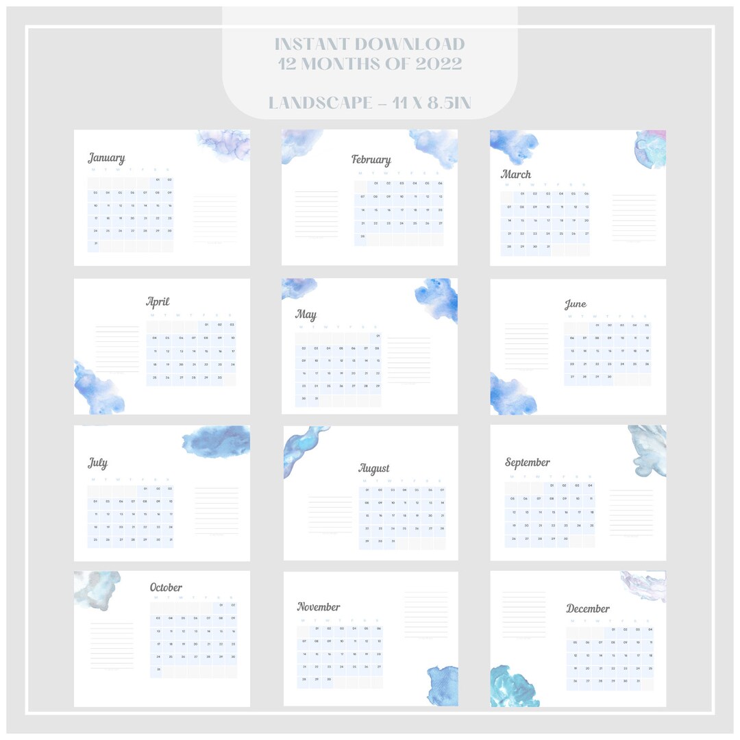 Printable Soft Blue Watercolor Full Calendar of 2022, Size 11x8.5in ...