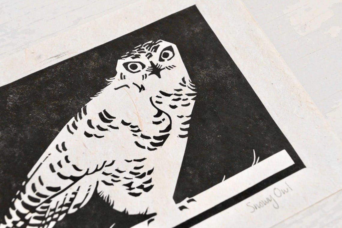 Snowy Owl - Linocut Print - Gifts for Bird Watchers- Original Arctic ...