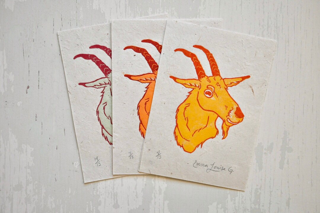 Linocut Happy Goat Reduction Print Limited Edition of 15 - Etsy