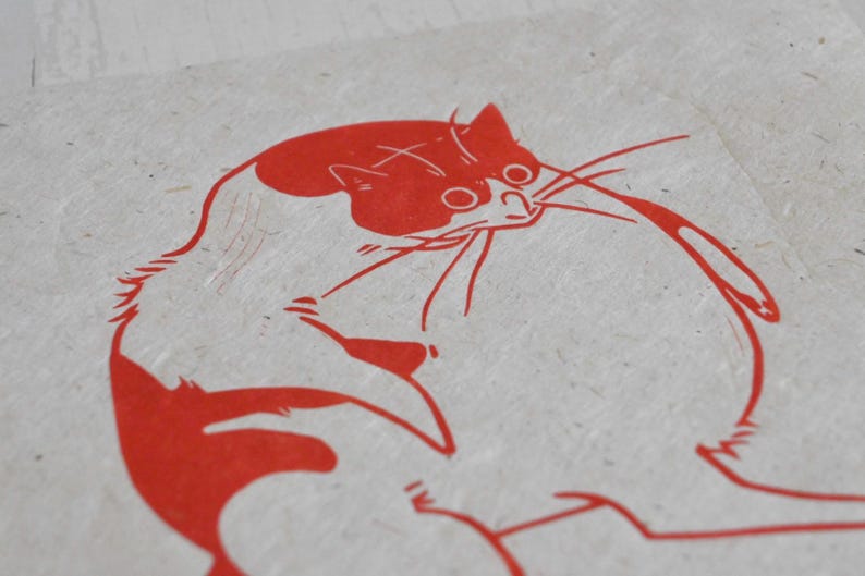 Burp - Fat Cat Linocut Print - Etsy
