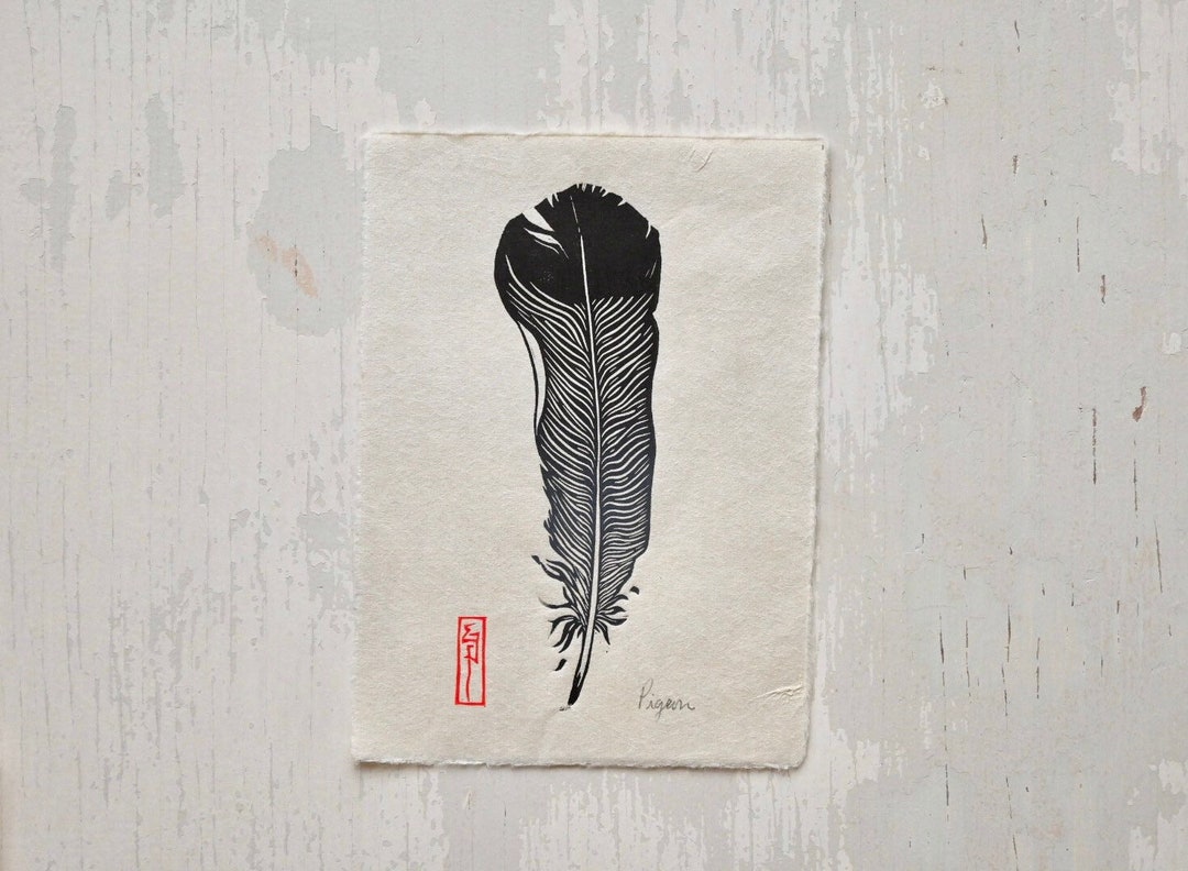 Linocut Pigeon Feather - Etsy