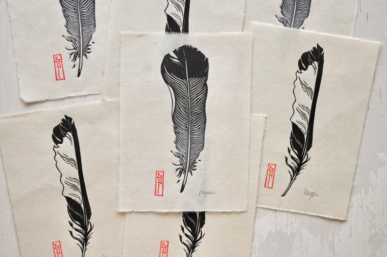 Linocut Pigeon Feather - Etsy