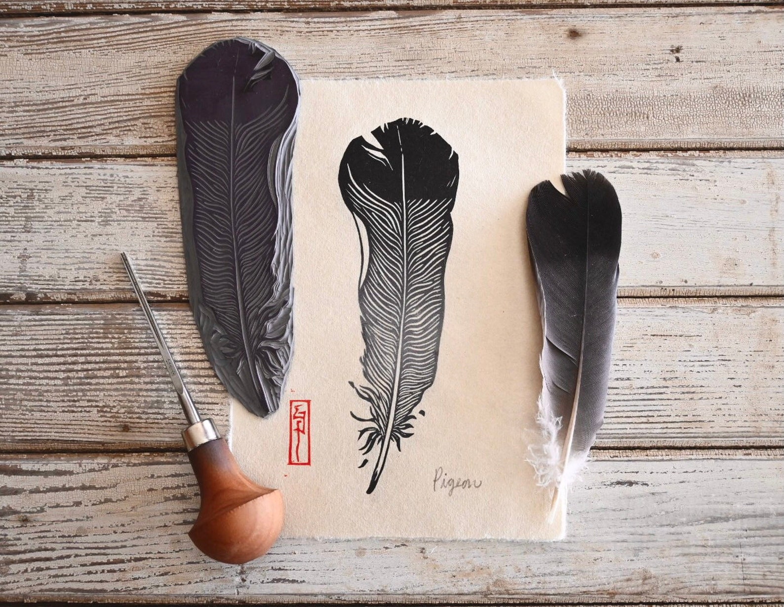Linocut Pigeon Feather | Etsy
