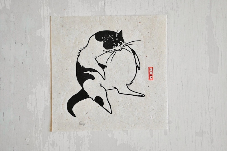 Burp - Fat Cat Linocut Print - Etsy