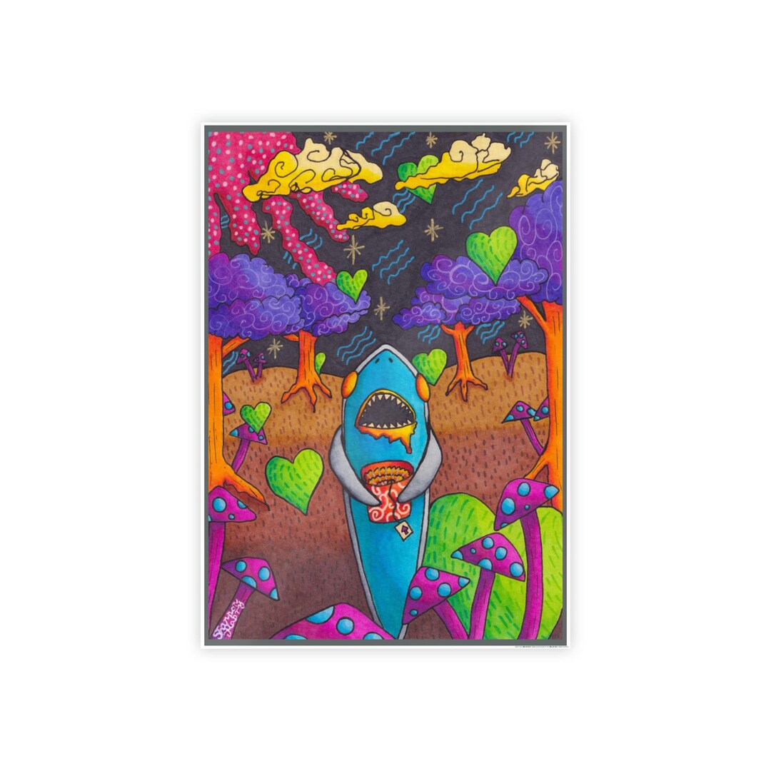 Poster, Trippy Shark Drinking Tea in Psychedelic Mushroom Forest ...