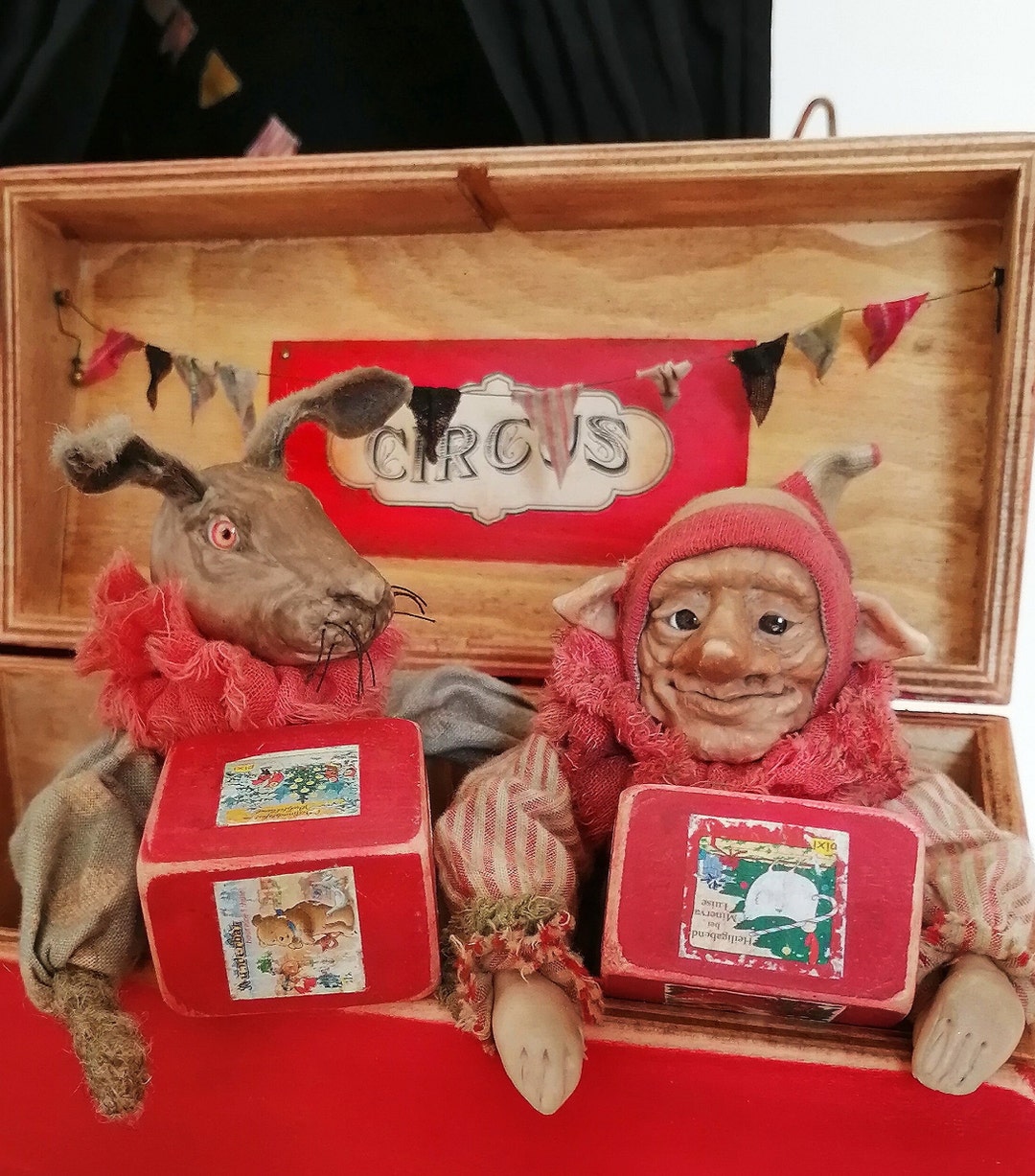 Clown and Rabbit in an Old Chest, Circus Dolls, Antique Dolls, Interior ...
