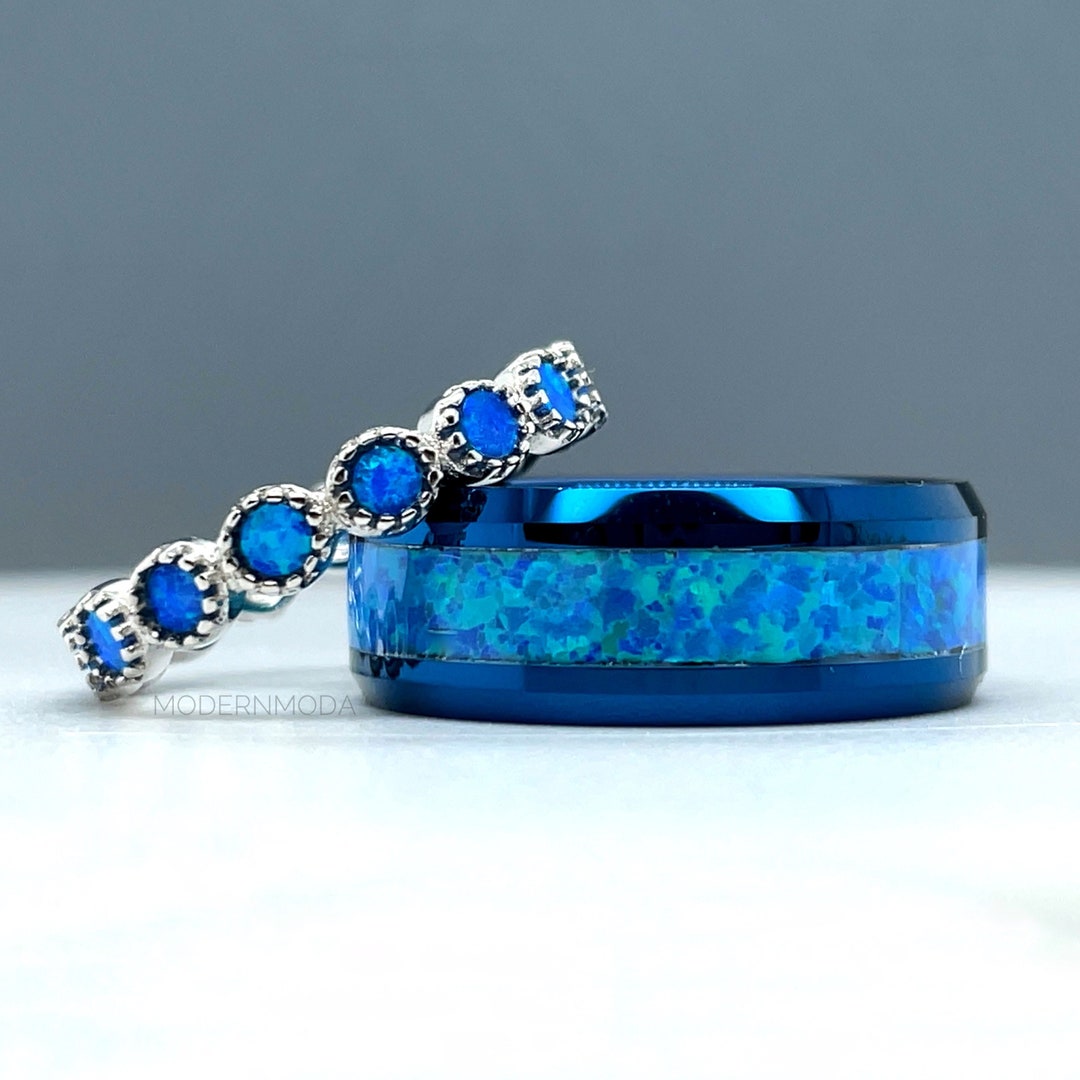 Blue Opal Inlay Ring Set, His and Hers Ring Set, Wedding Ring Set ...