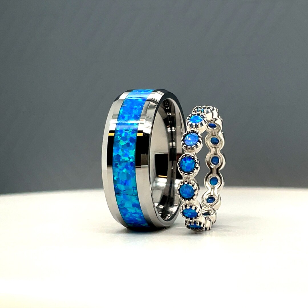 Blue Opal Inlay Ring Set, His and Hers Ring Set, Wedding Ring Set ...