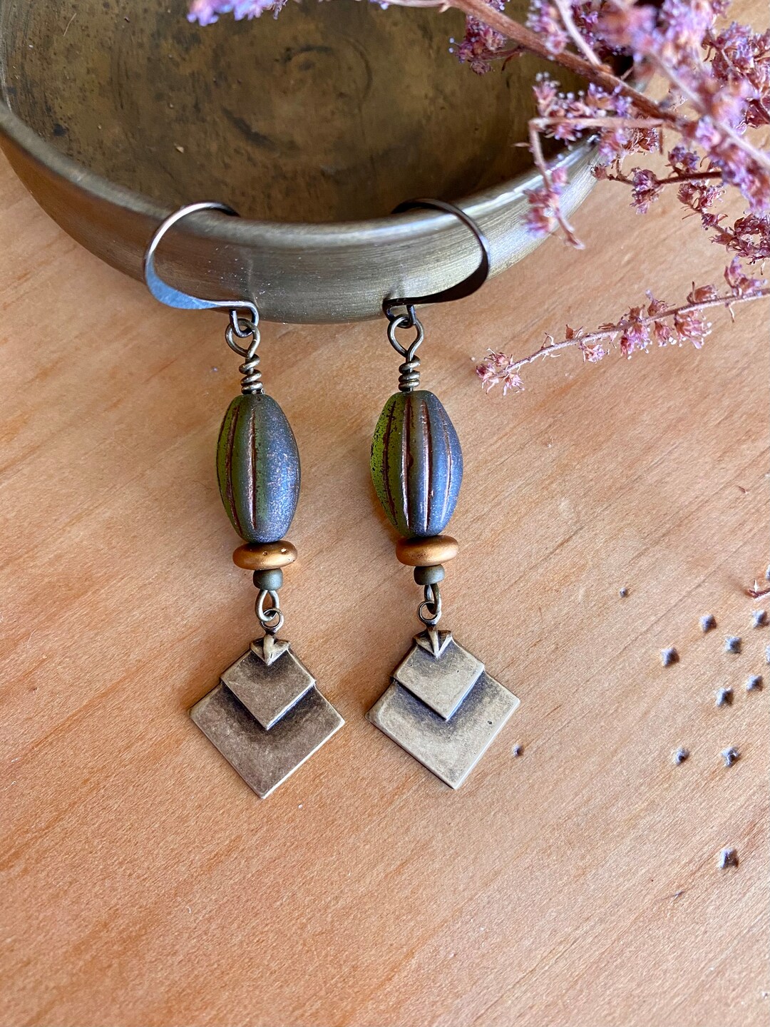 Bard Art Deco Style Earth Tone Dangle Earrings With Gold and Olive ...