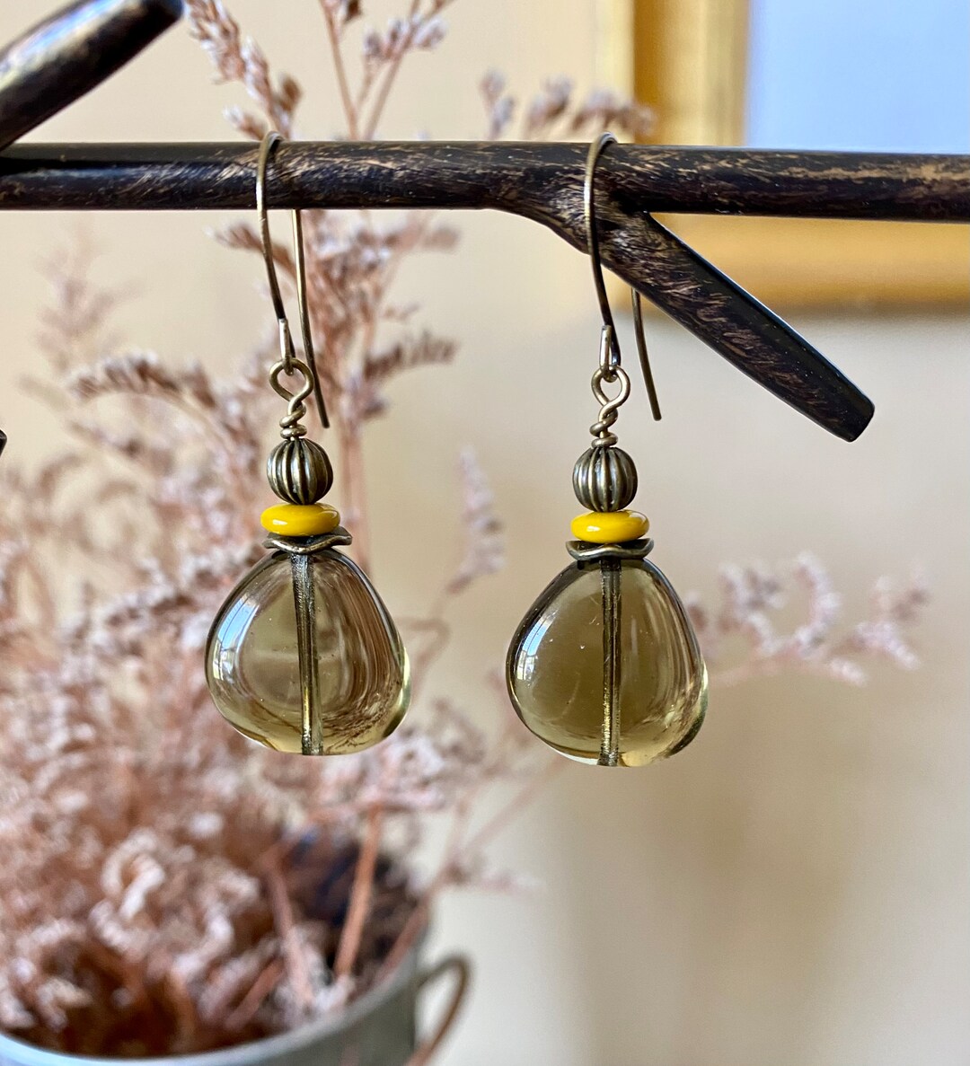 Homebody ~ Translucent Olive Green Nugget Earrings With Mustard Yellow ...