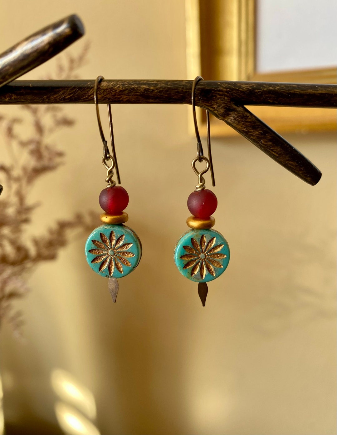 Compass ~ Artsy Boho Spear Earrings ~ Hippie Earrings ~ Teal Blue Red ...