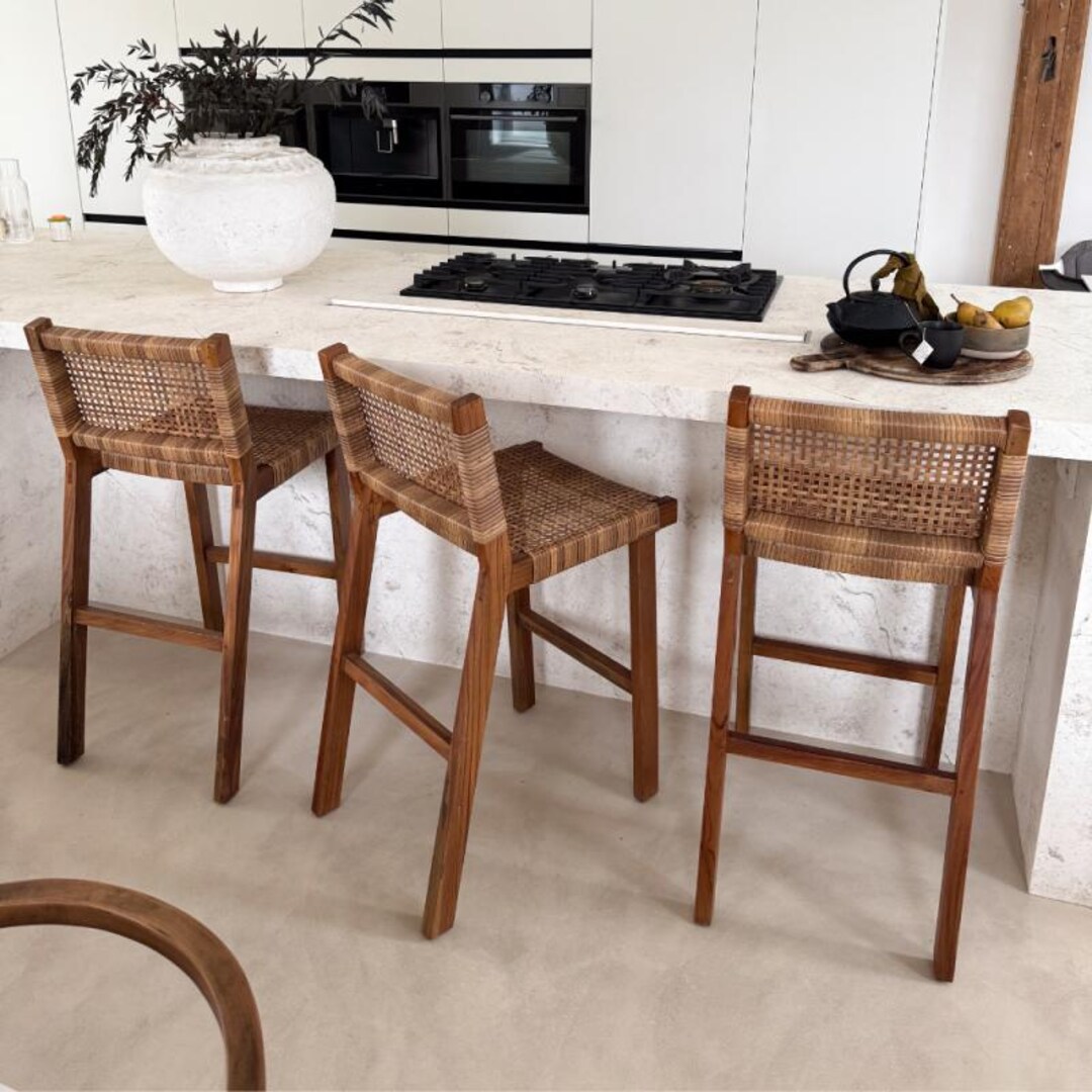 Wood Bar Stool, Woven Rattan Backless Counter Stool, Handmade Artisan ...