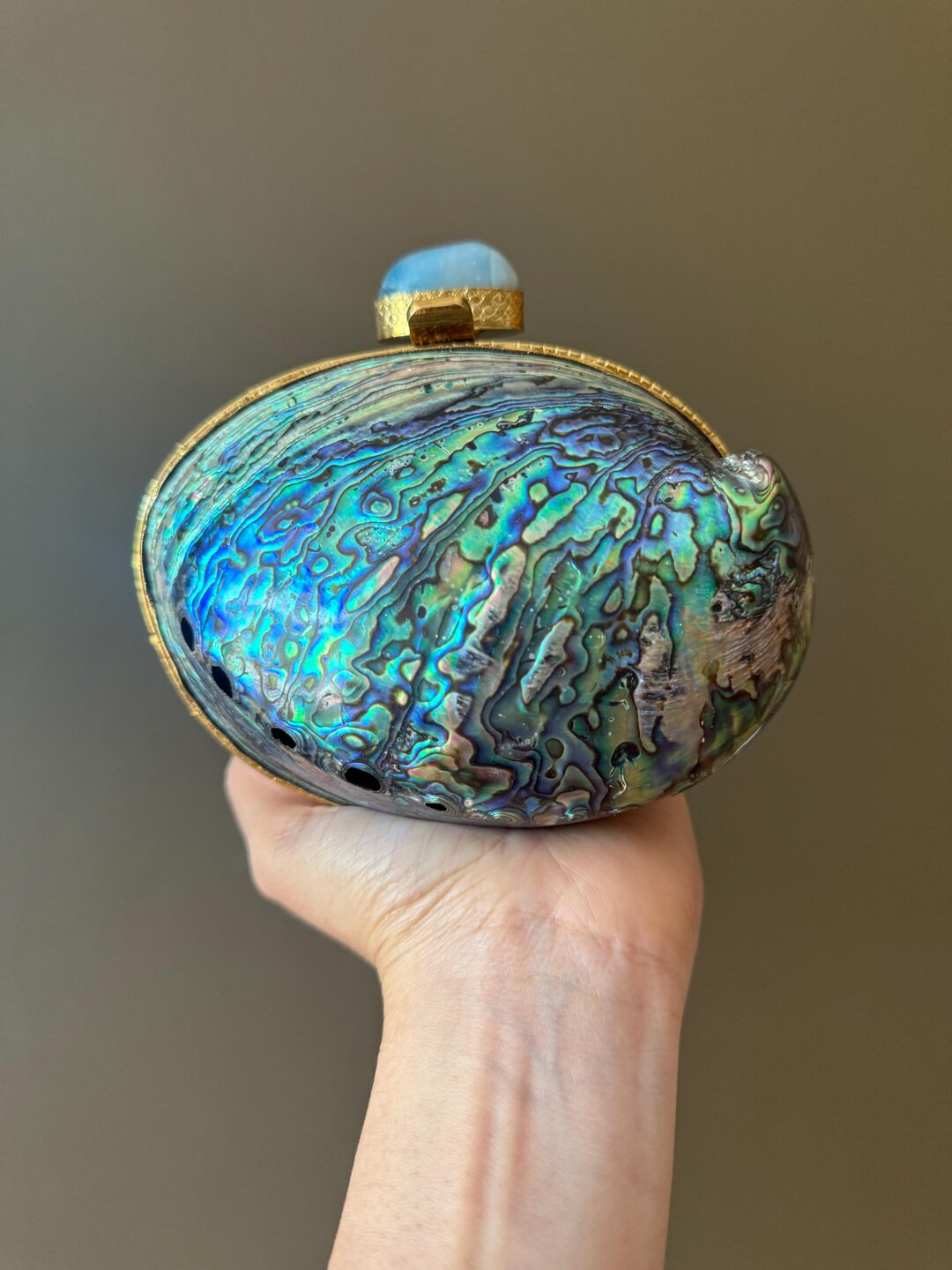 Handcrafted Iridescent Natural Shell Clutch | Gold Frame Oval Purse ...