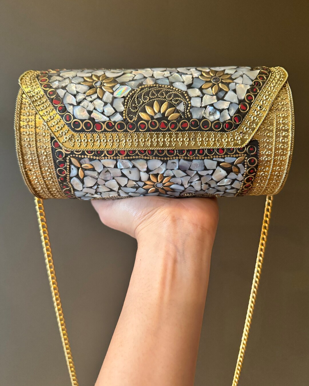 Golden Mosaic Artisan Clutch With Traditional Indian Embellishments ...