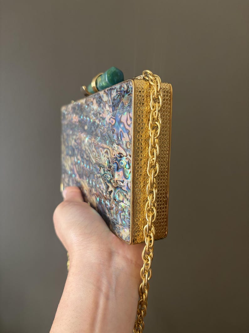 Abalone Shell Box Clutch | Multicolor Beaded Handle, Blue Stone Clasp ...