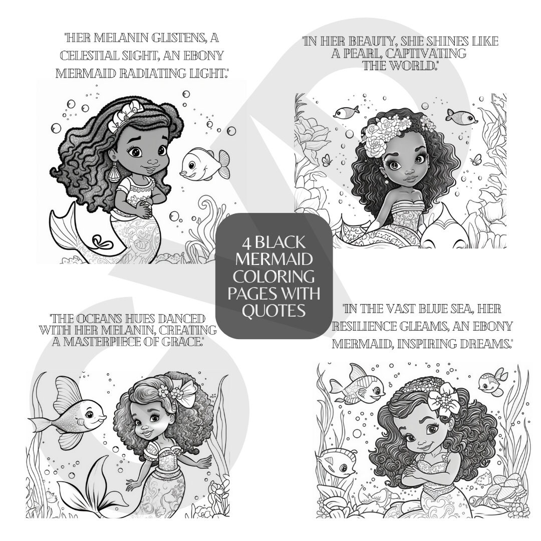 4 Black Mermaid Coloring Pages Printable PDF Cute Kids Coloring Pages ...