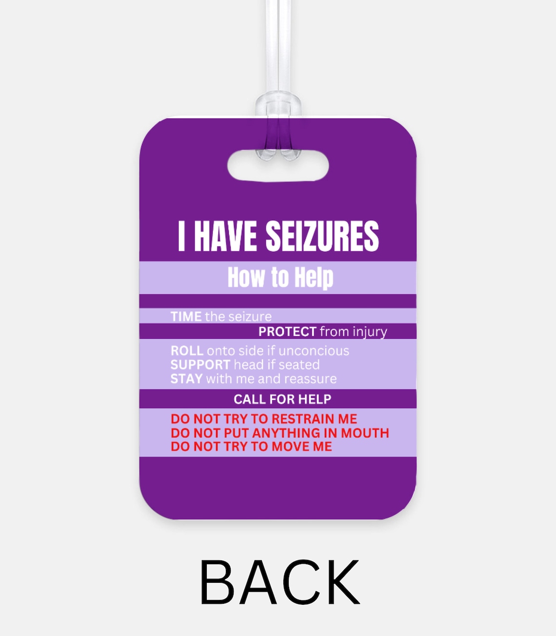 Epilepsy Medical Alert Tag | Seizure First Aid Instructions | Emergency ...