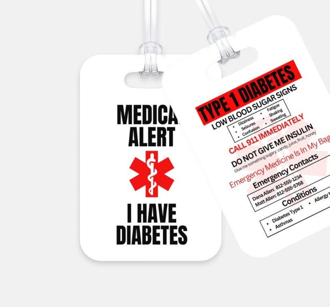 Diabetes Type 1 Medical Alert Tag | Diabetes First Aid Instructions ...