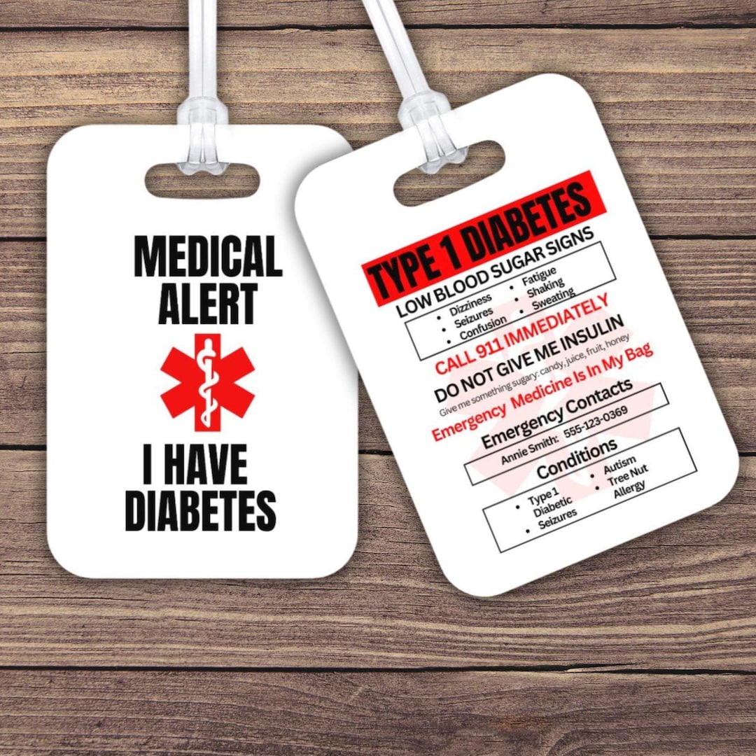 Diabetes Type 1 Medical Alert Tag | Diabetes First Aid Instructions ...