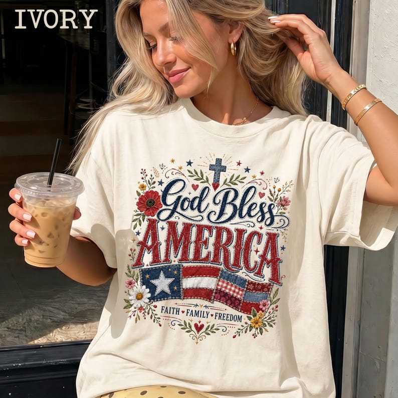 God Bless America Shirt, Patriotic Flag Cross Floral Faith Family ...