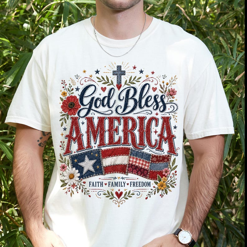 God Bless America Shirt, Patriotic Flag Cross Floral Faith Family ...
