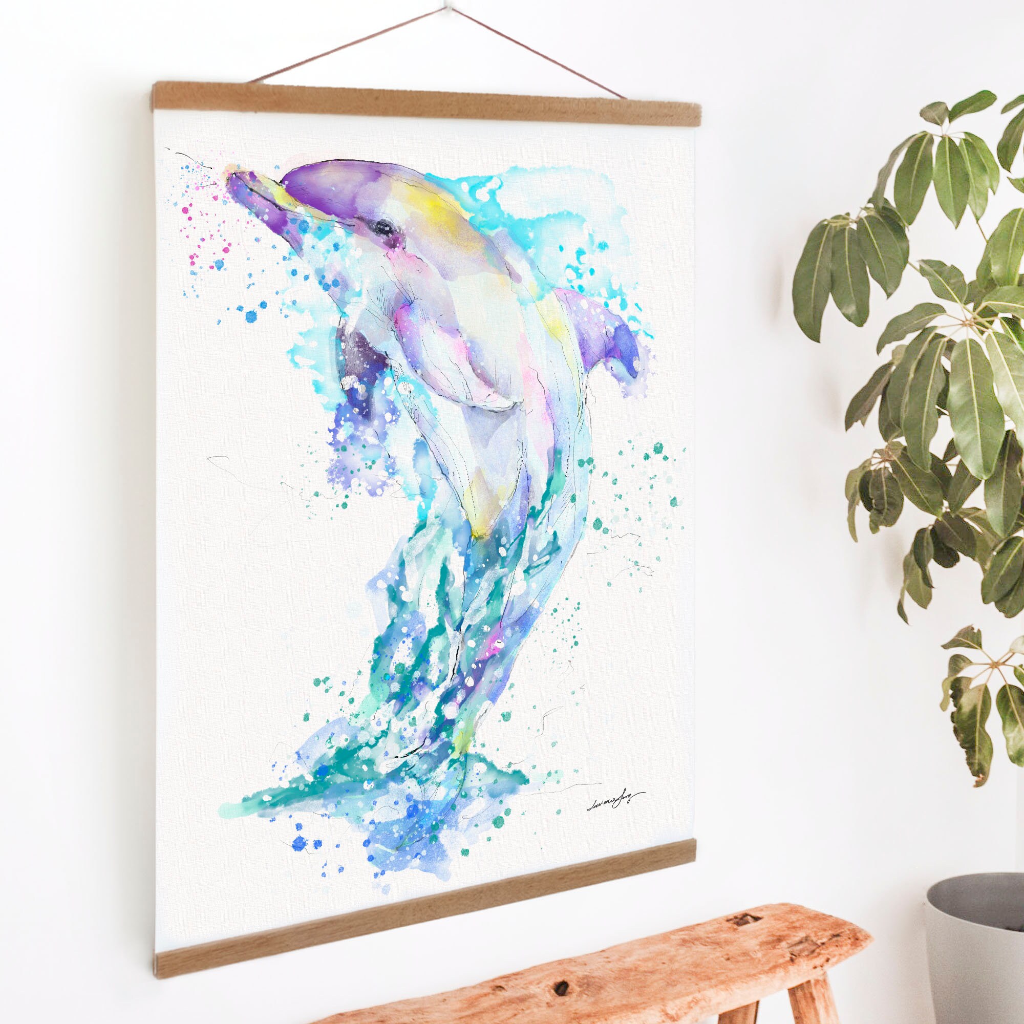 Dolphin Leaping From Ocean Waves | Hanging Canvas Colorful Cute Animal ...