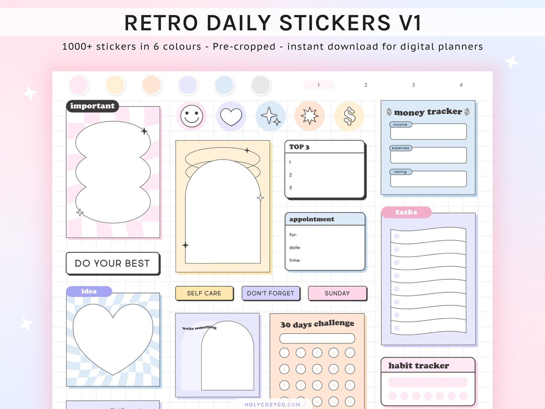 Retro Daily Digital Stickers, Goodnotes Sticker Book Digital Planner ...
