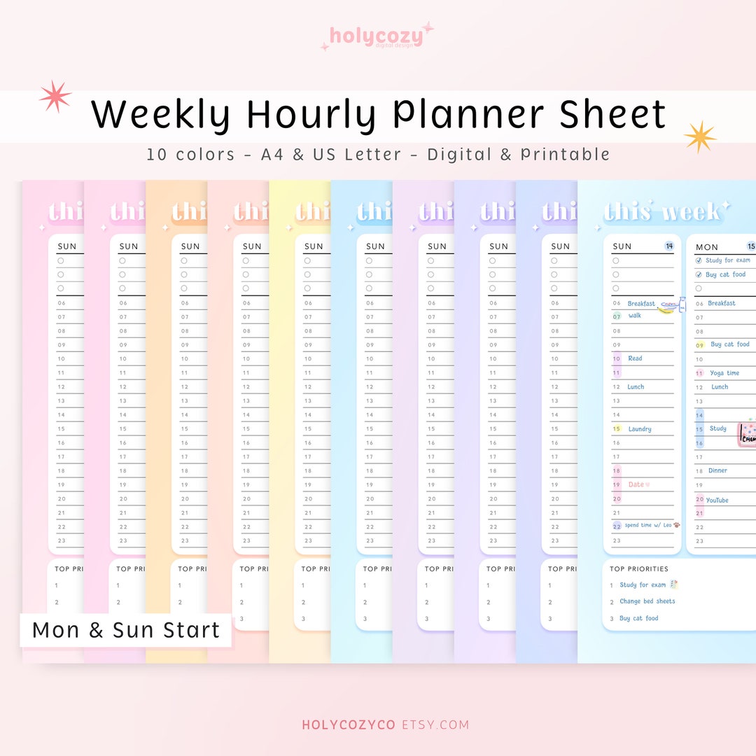 Weekly Hourly Planner Printable: Gradient Colors, A4/US Letter (digital ...