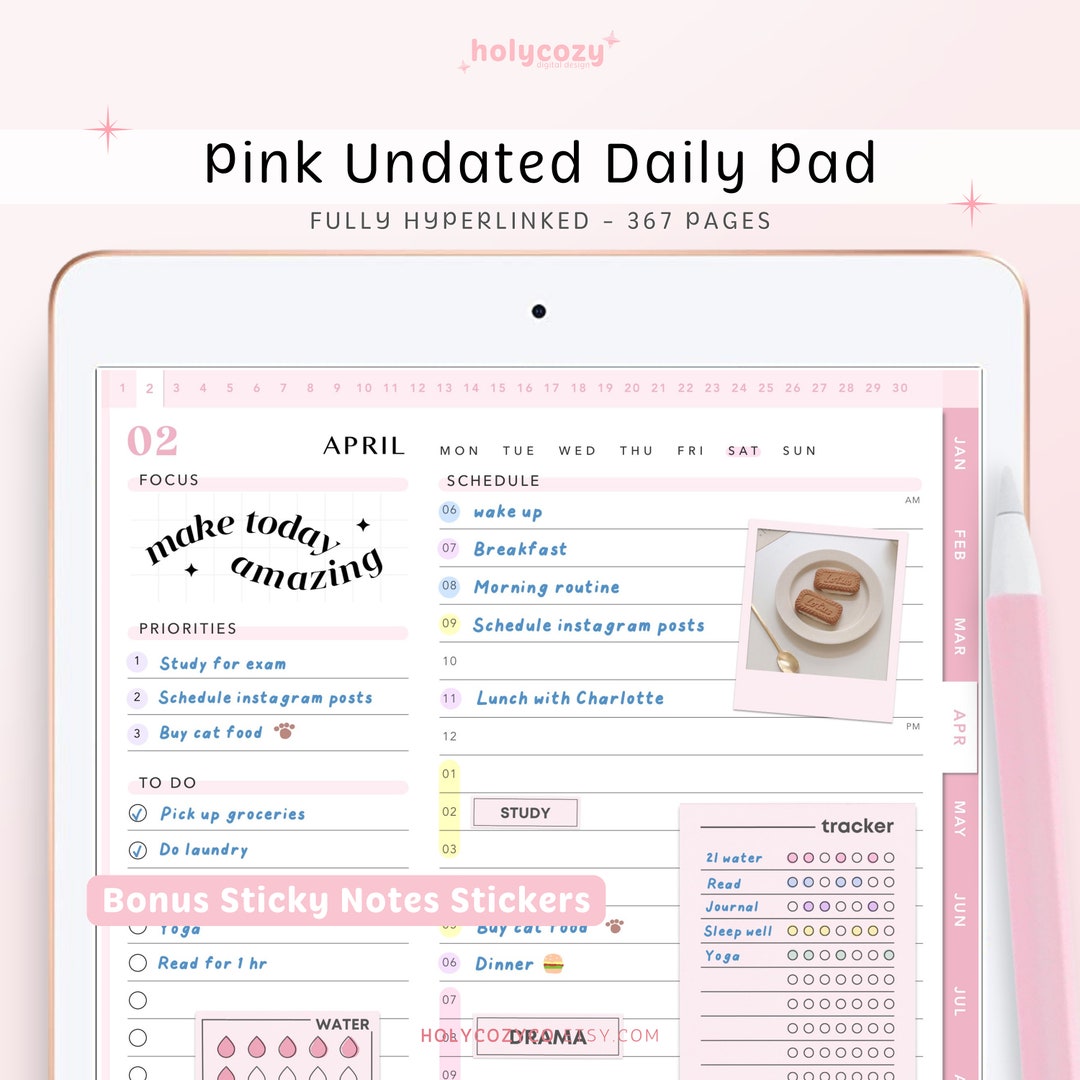 Pink Daily Digital Planner Pad: Hourly Schedule, Stickers (PDF) - Etsy