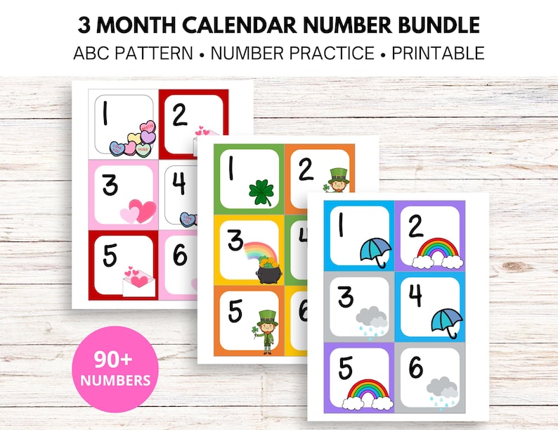 3 Month Printable Calendar Numbers BUNDLE in ABC Pattern (february ...