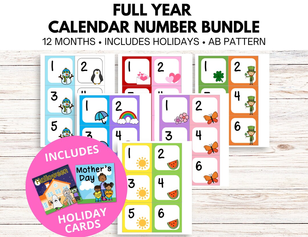12 Month Calendar Numbers & Holidays BUNDLE Printable AB Pattern Full ...