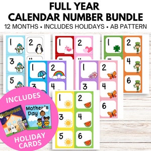 12 Month Calendar Numbers & Holidays BUNDLE Printable AB Pattern Full ...