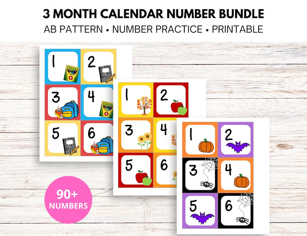 3 Month Printable Calendar Numbers BUNDLE in ABC Pattern (august ...
