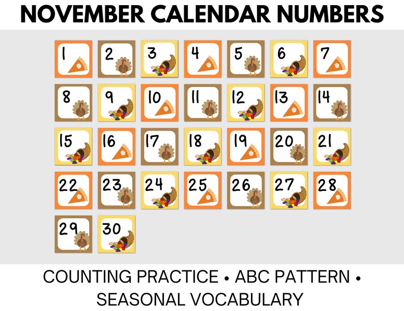 November Calendar Numbers in ABC Pattern - Etsy