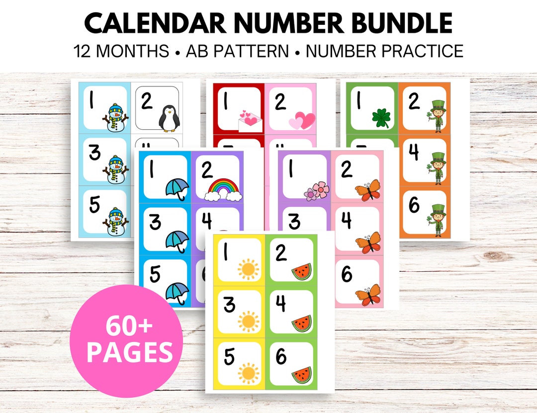 12 Month Calendar Numbers BUNDLE - Printable - AB Pattern - Full Year ...