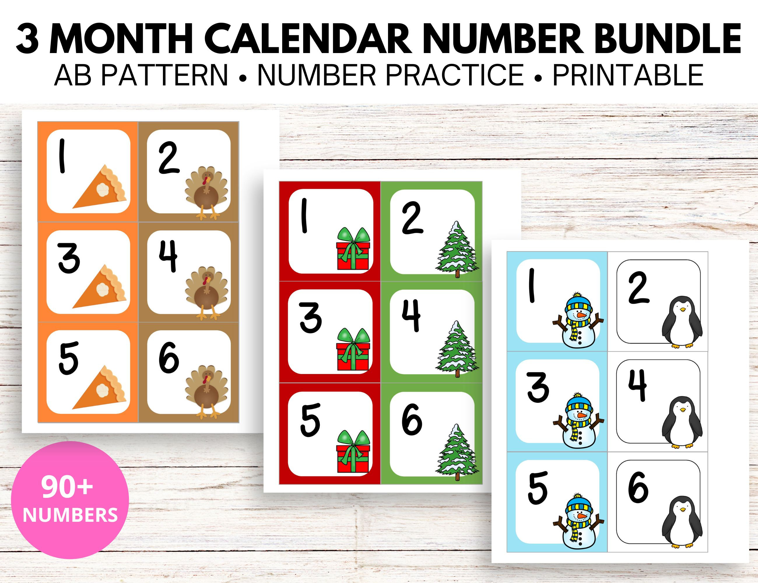 3 Month Printable Calendar Numbers BUNDLE in AB Pattern - Etsy