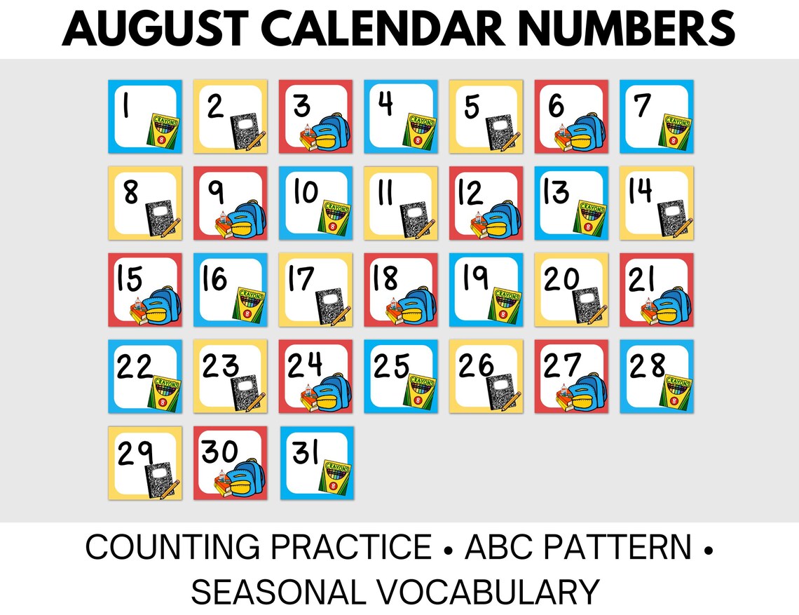 August Calendar Numbers in ABC Pattern - Etsy