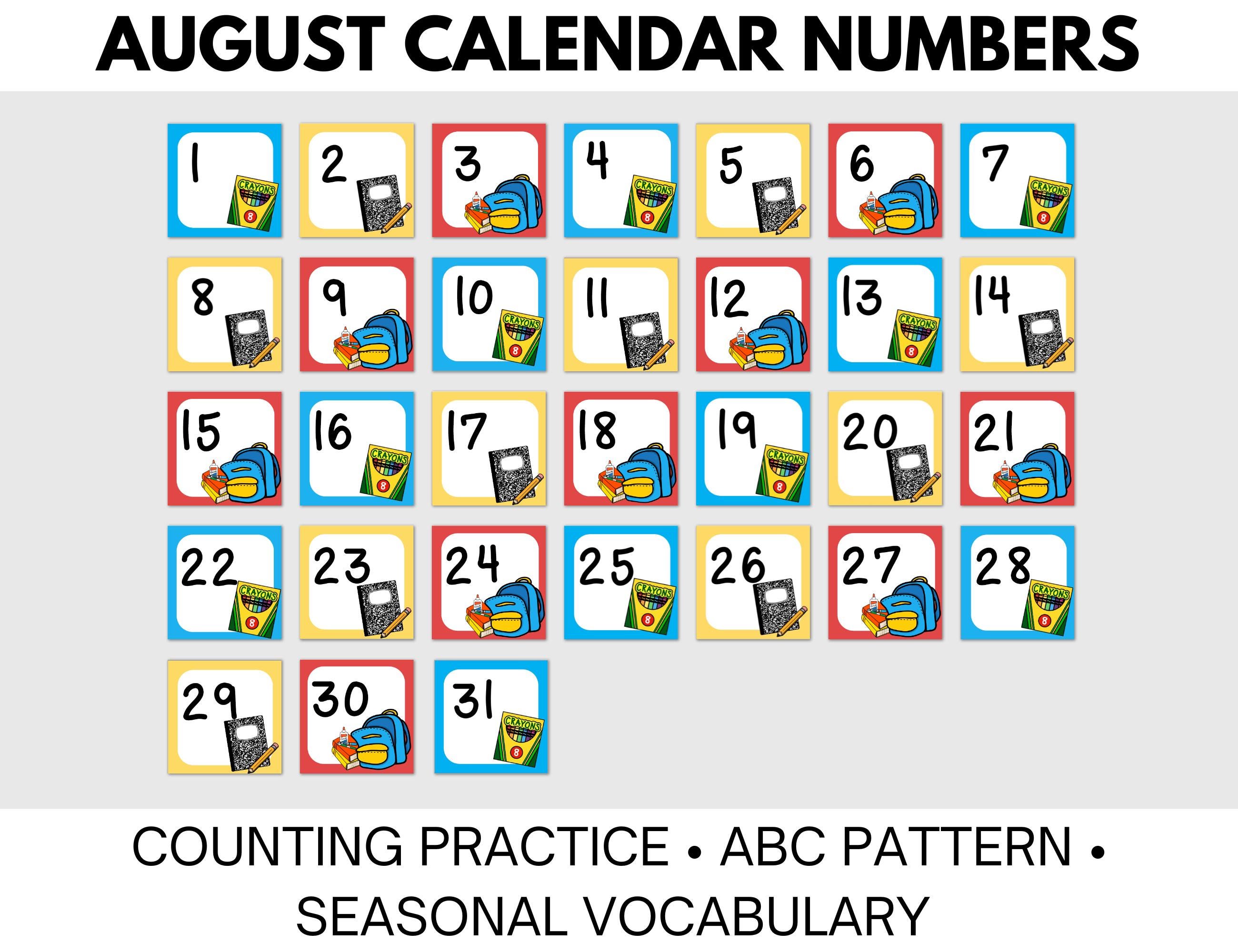 August Calendar Numbers in ABC Pattern - Etsy