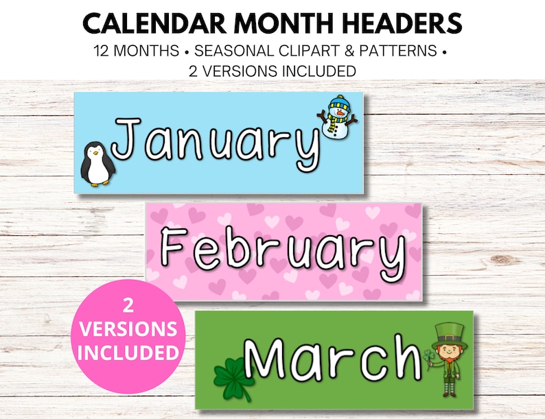 12 Month Printable Calendar Month Headers - Etsy
