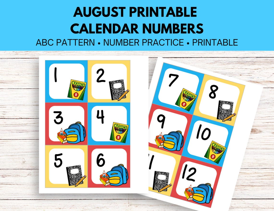 August Calendar Numbers in ABC Pattern - Etsy