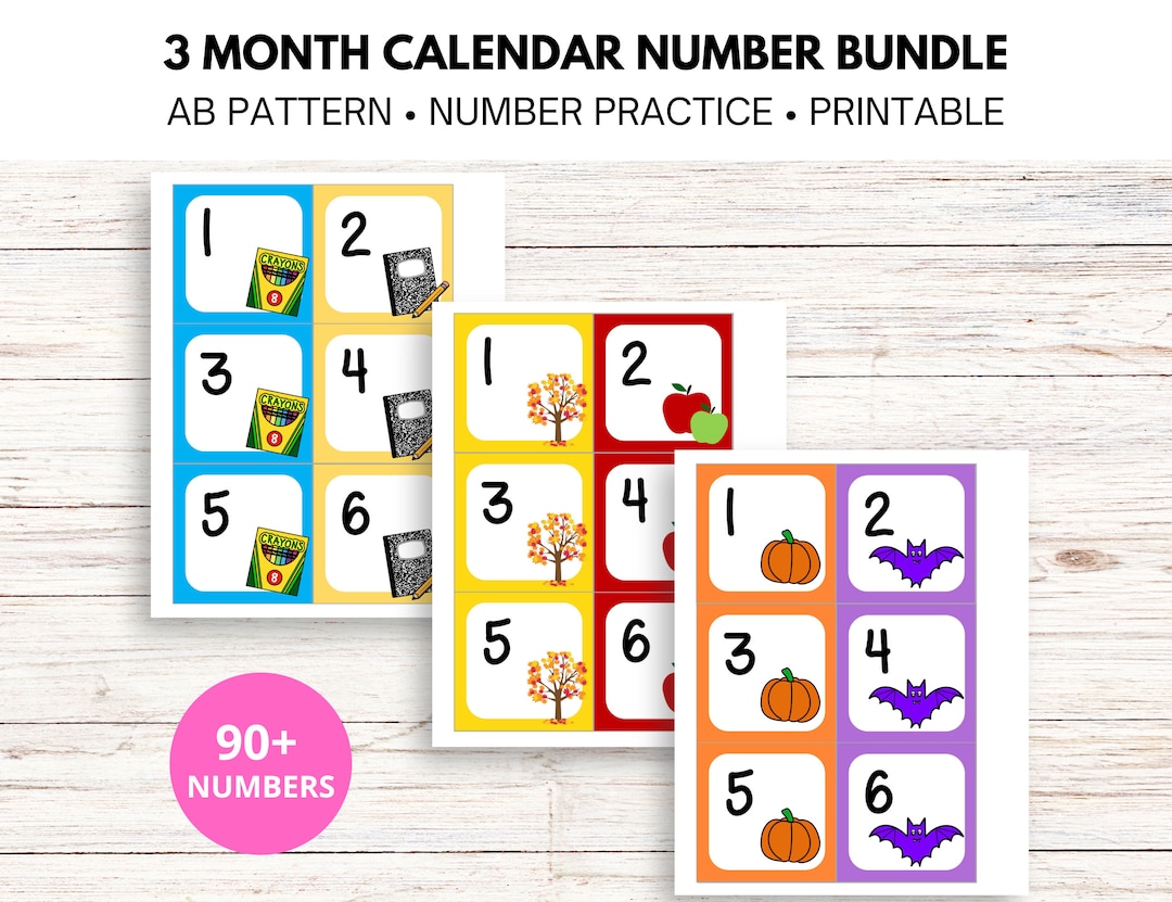 3 Month Printable Calendar Numbers BUNDLE in AB Pattern (august ...