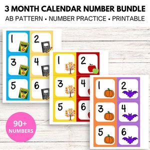 3 Month Printable Calendar Numbers BUNDLE in AB Pattern (august ...