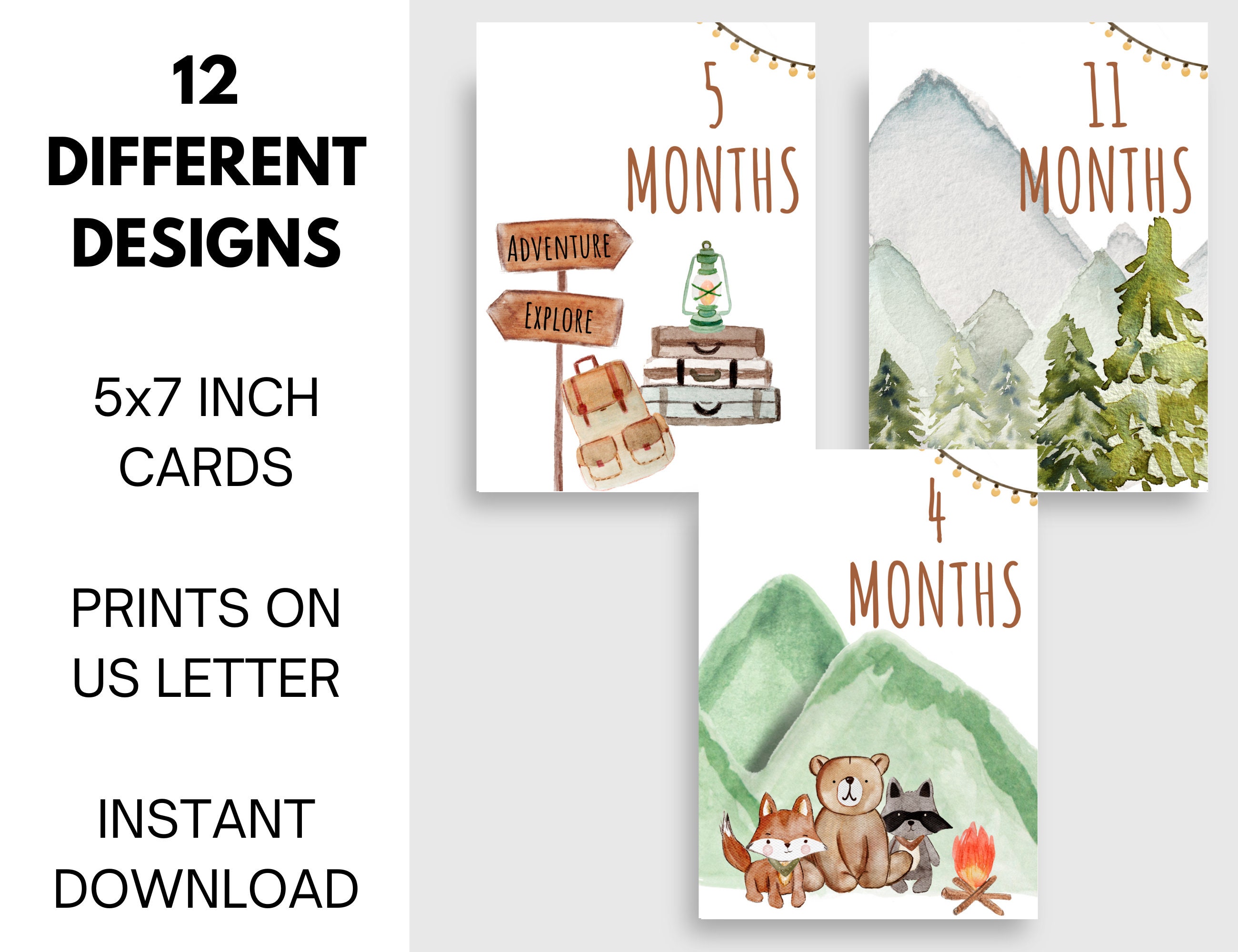 Camping Woodland Animals Baby Monthly Milestone Digital Printable Cards ...