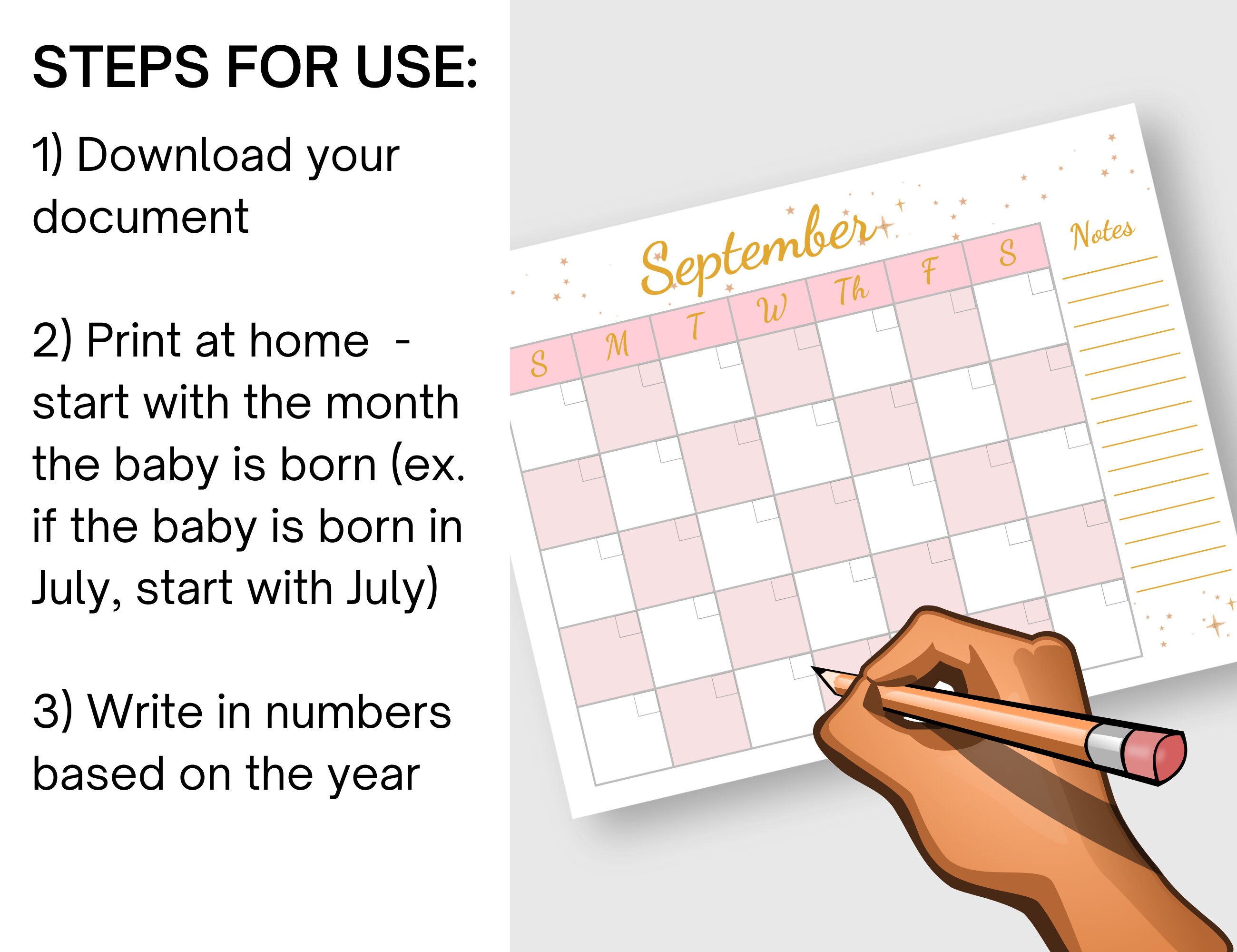 Baby's First Year Digital Printable Calendar pink Stars - Etsy