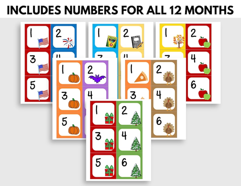 12 Month Calendar Numbers BUNDLE - Printable - AB Pattern - Full Year ...