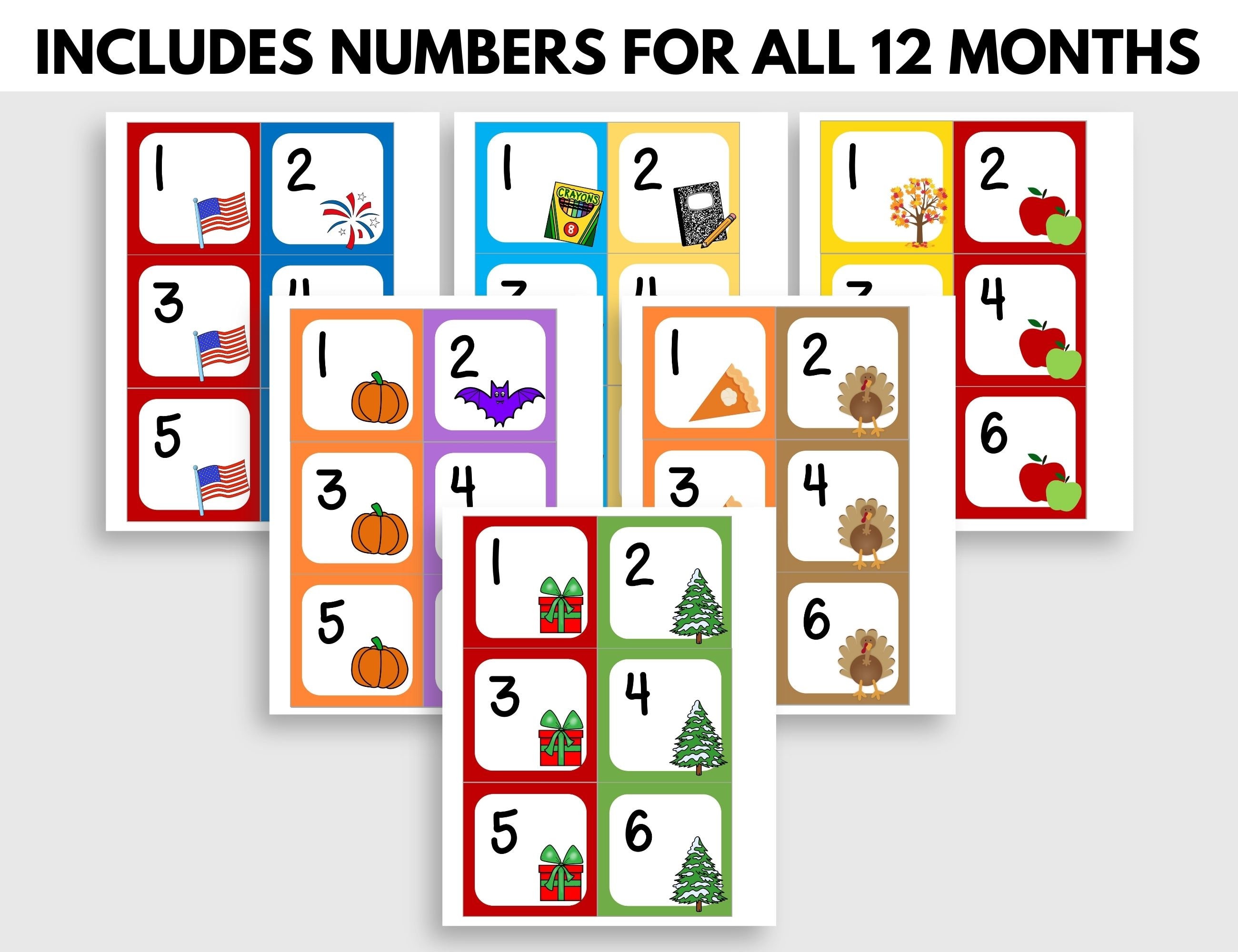 12 Month Calendar Numbers BUNDLE - Printable - AB Pattern - Full Year ...